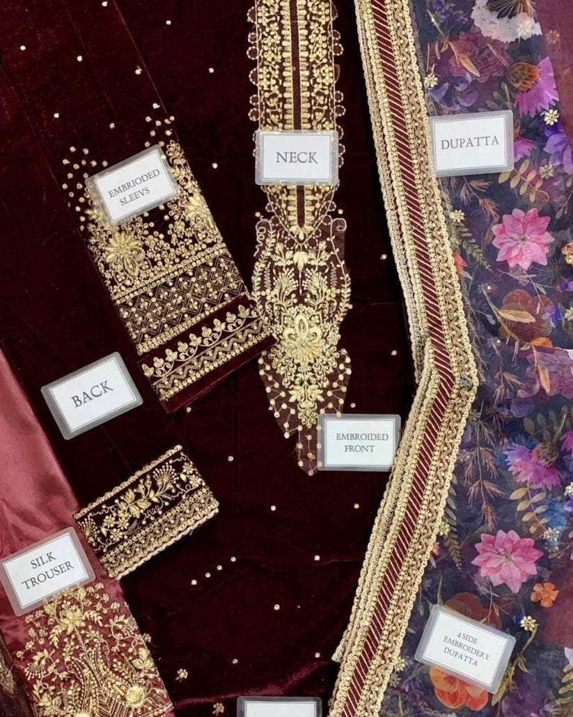 Mehroon Velvet Unstitched Embroidered Dress- Party Wear – SaifullahStore